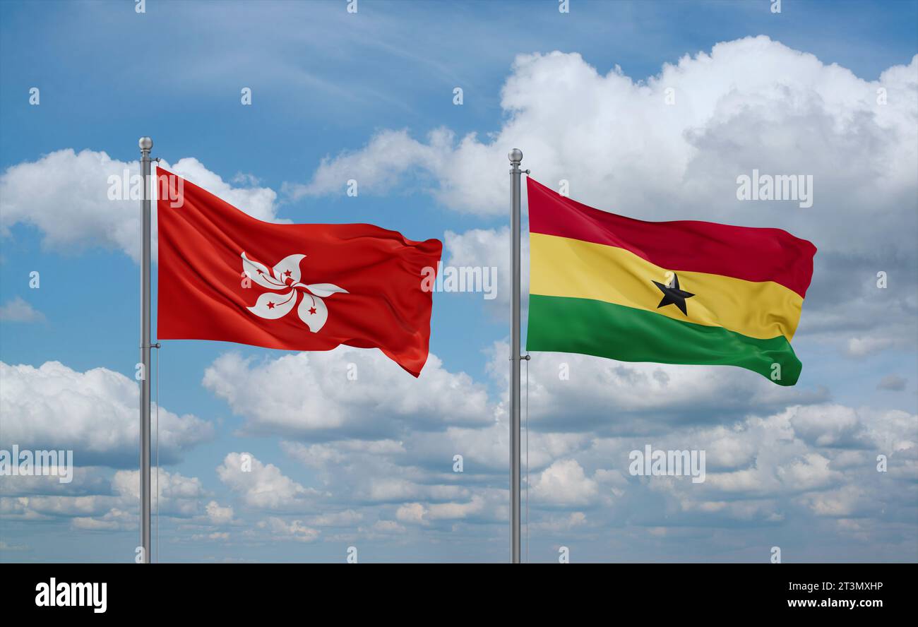 Ghana and Hong Kong flags waving together on blue cloudy sky, two ...