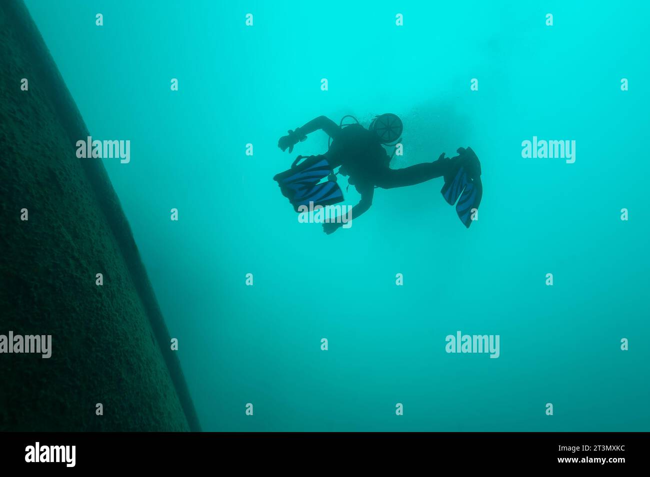 SCUBA diver swimming overhead with a view of the bent fins Stock Photo ...