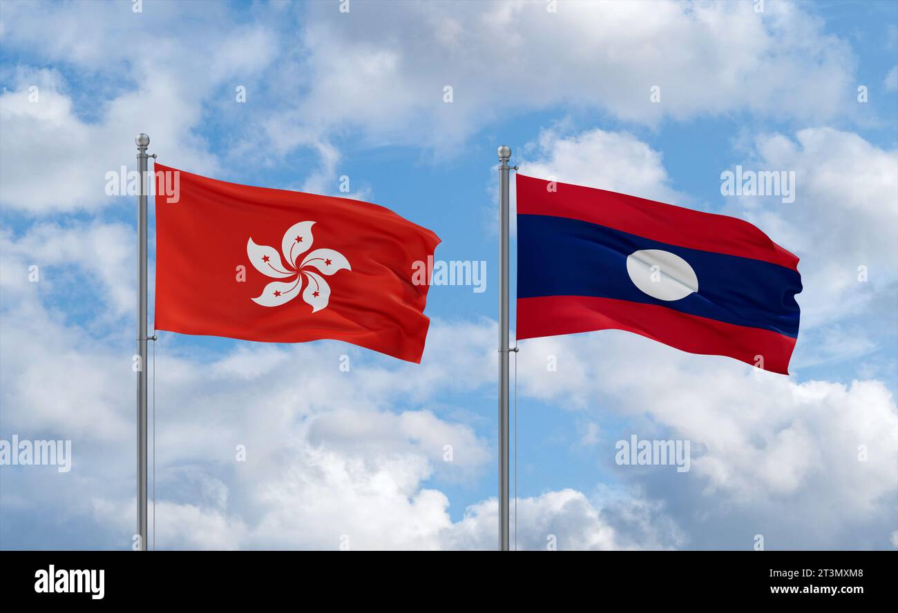 Laos and Hong Kong flags waving together on blue cloudy sky, two ...