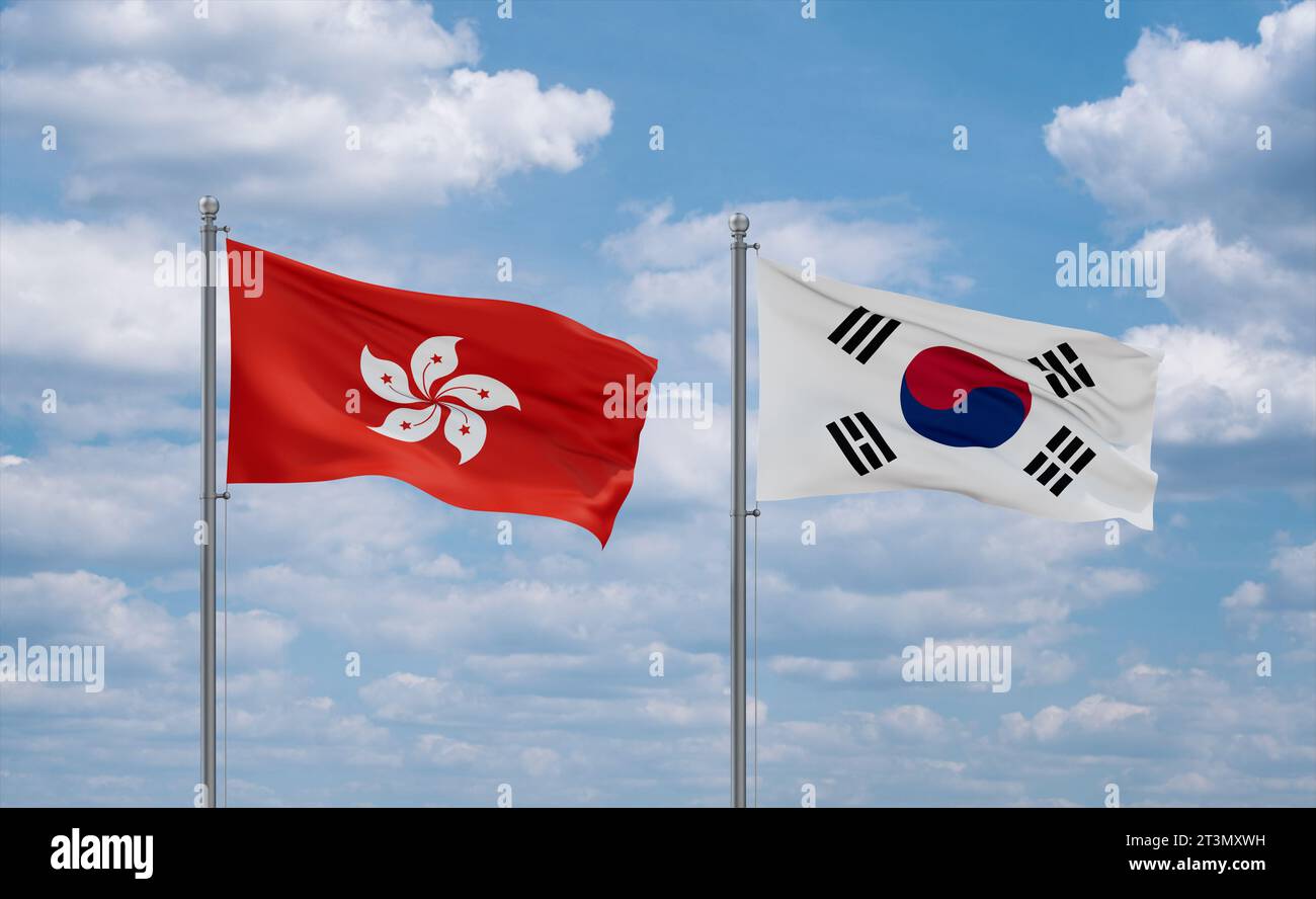 South Korea or Republic of Korea or ROK and Hong Kong flags waving ...
