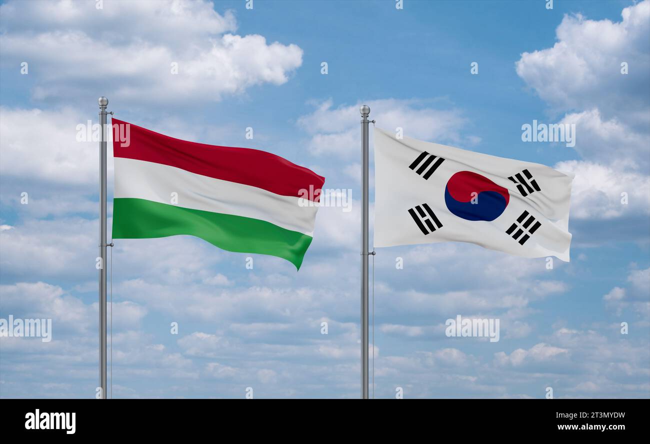 South Korea or Republic of Korea or ROK and Hungary flags waving ...