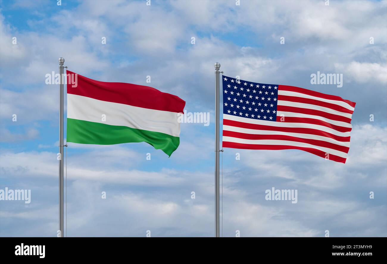 USA and Hungary flags waving together in the wind on blue cloudy sky ...