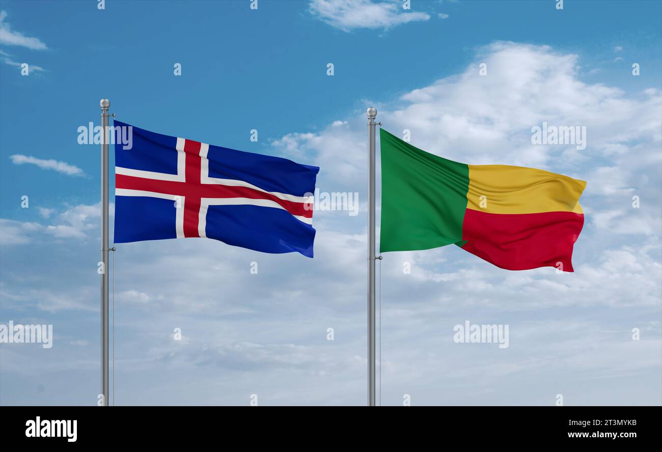 Benin and Iceland flags waving together on blue cloudy sky, two country relationship concept ...