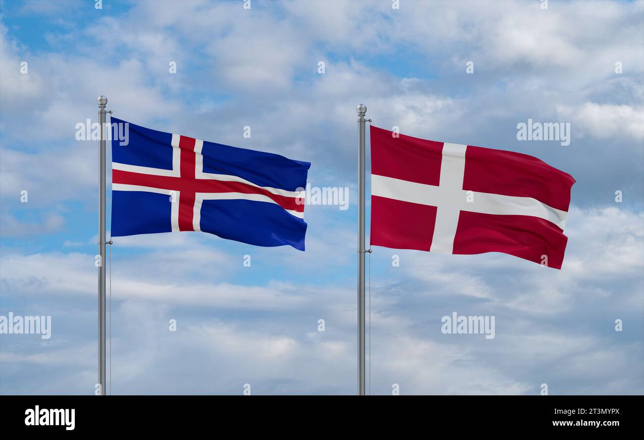 Denmark and Iceland flags waving together on blue cloudy sky, two ...