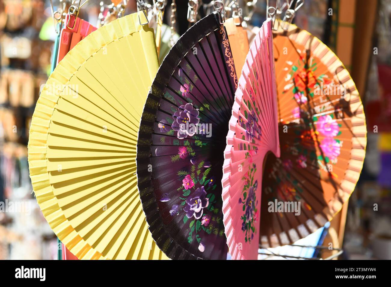 Display of Spanish hand fans at market stall Cadiz Spain 03 August 2023 ...