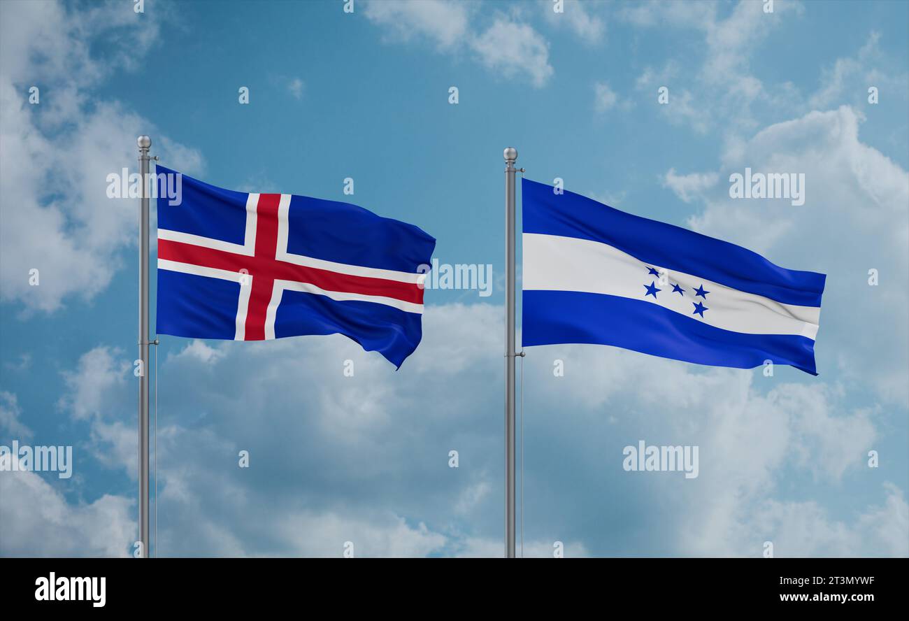 Honduras and Iceland flags waving together in the wind on blue cloudy sky, two country ...