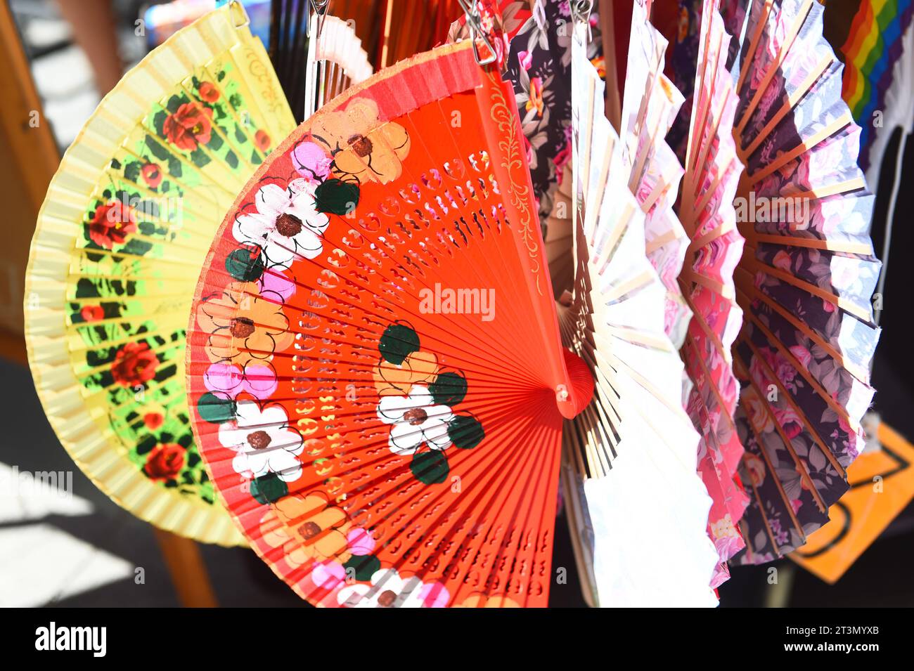 Display of Spanish hand fans at market stall Cadiz Spain 03 August 2023 ...