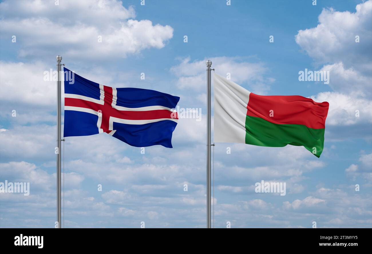 Madagascar and Iceland flags waving together on blue cloudy sky, two country relationship ...