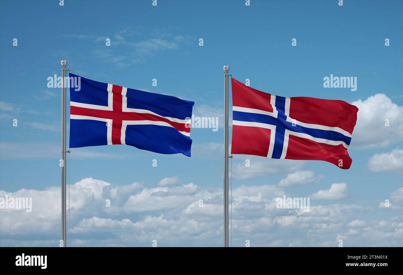 Norway and Iceland flags waving together on blue cloudy sky, two ...