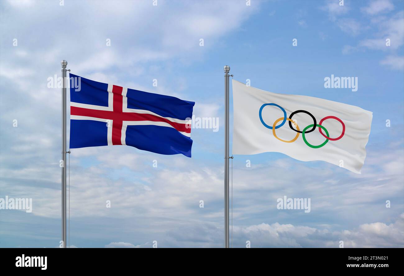 Olympic Games and Iceland flags waving together in the wind on blue ...