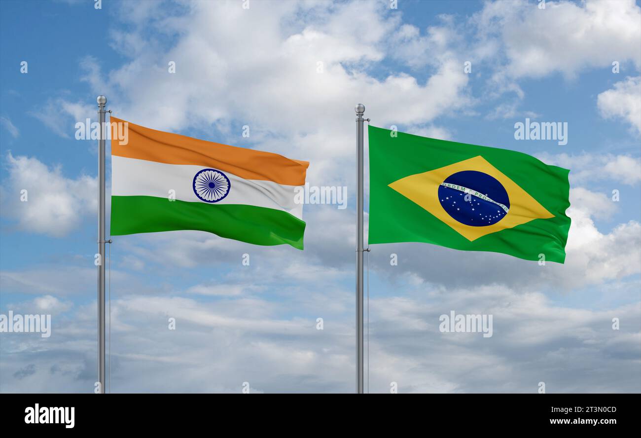 Brazil and India flags waving together on blue cloudy sky, two country ...