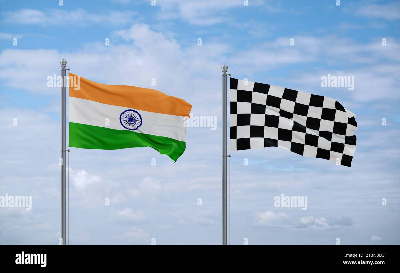 Checkered racing and India flags waving together on blue cloudy sky ...
