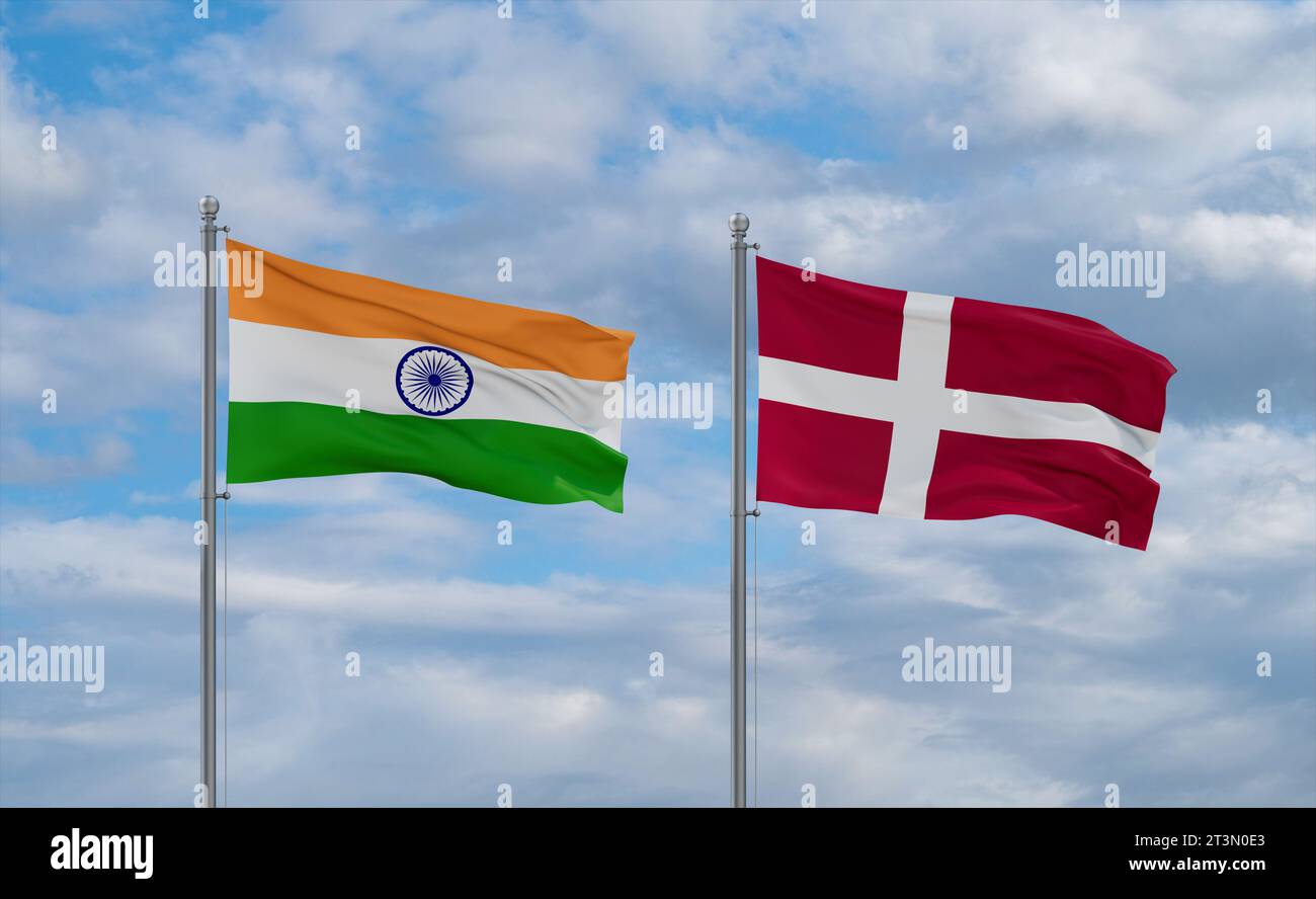 Denmark and India flags waving together on blue cloudy sky, two country ...