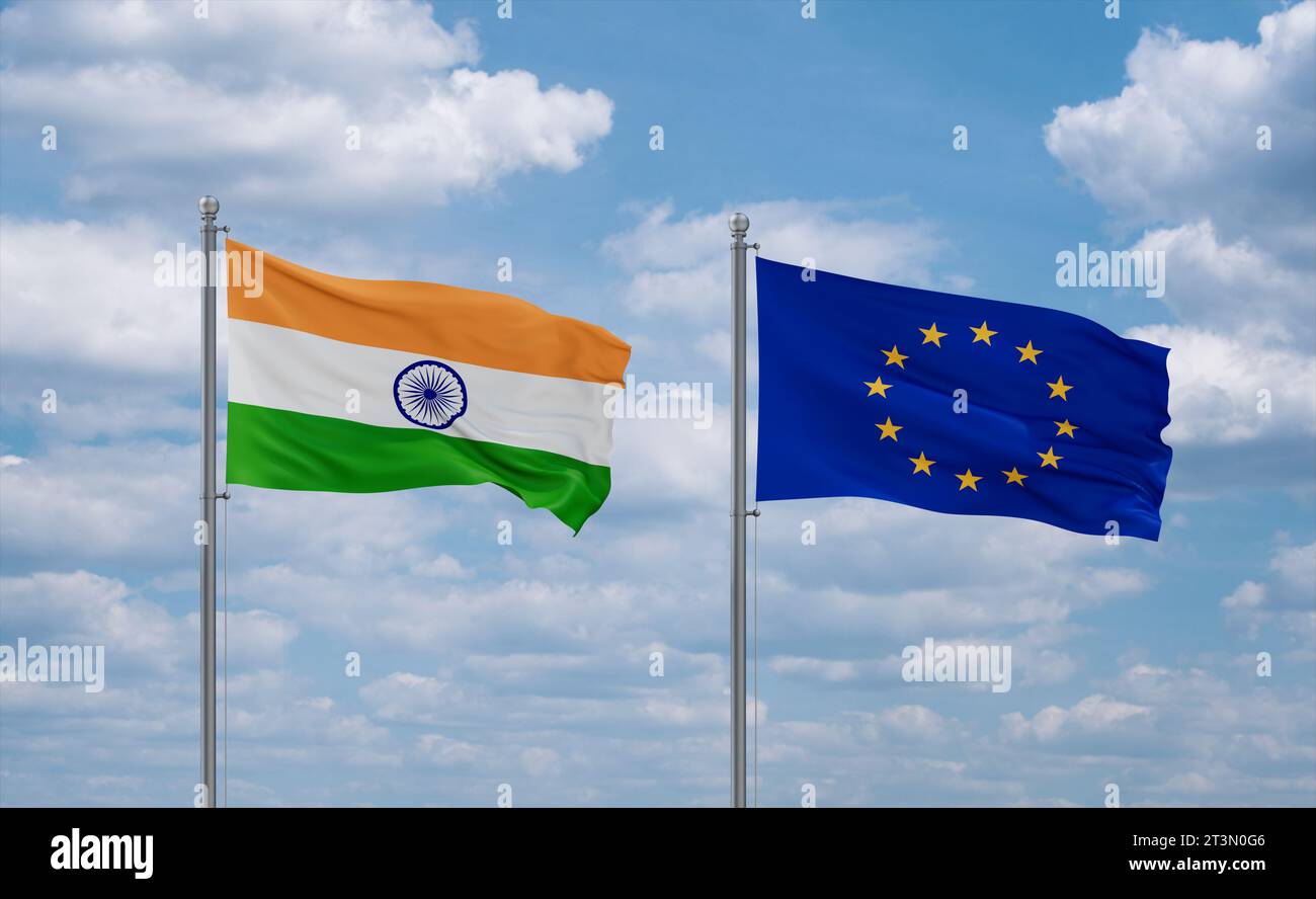 European Union and India flags waving together in the wind on blue ...