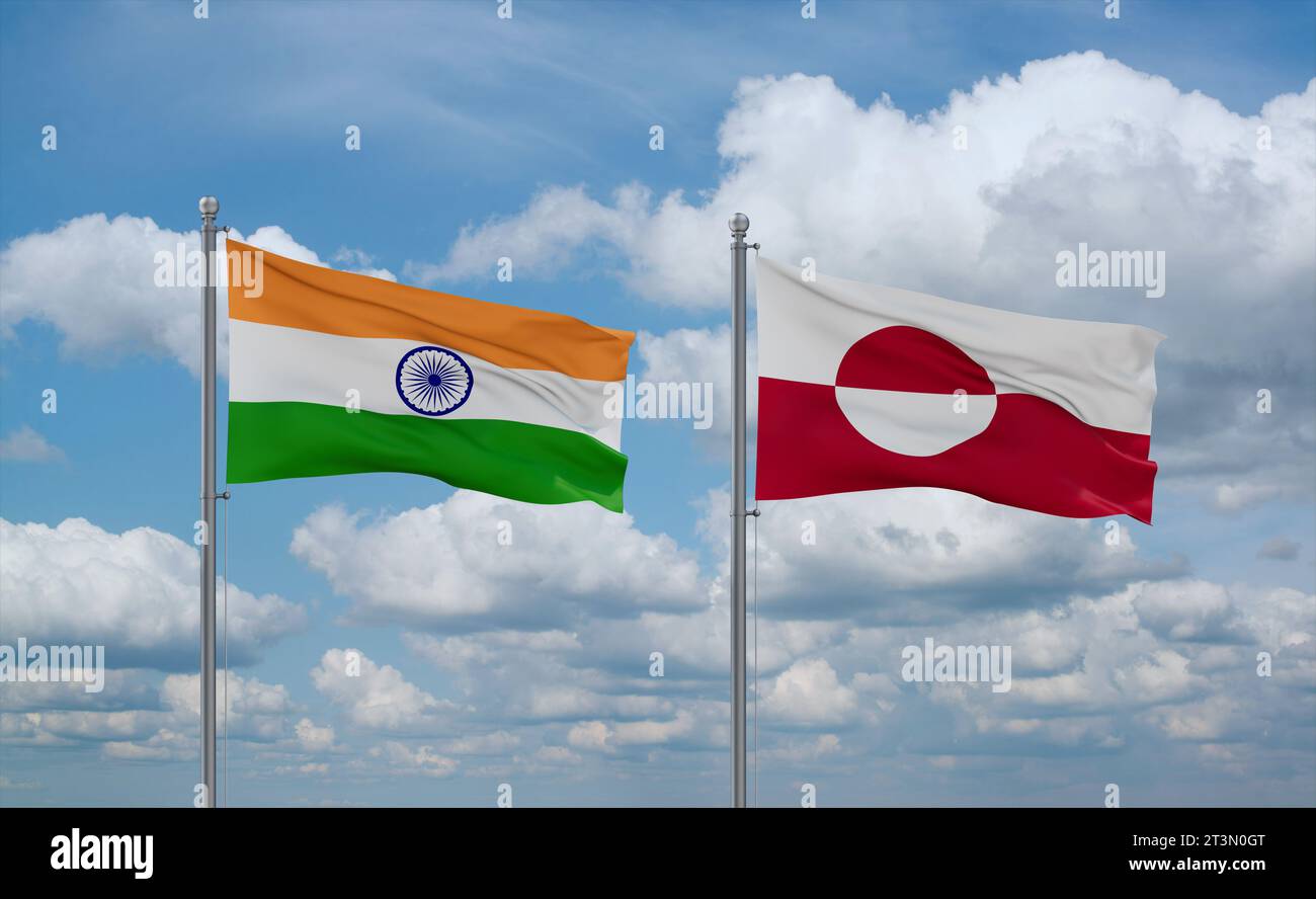 Greenland and India flags waving together on blue cloudy sky, two ...