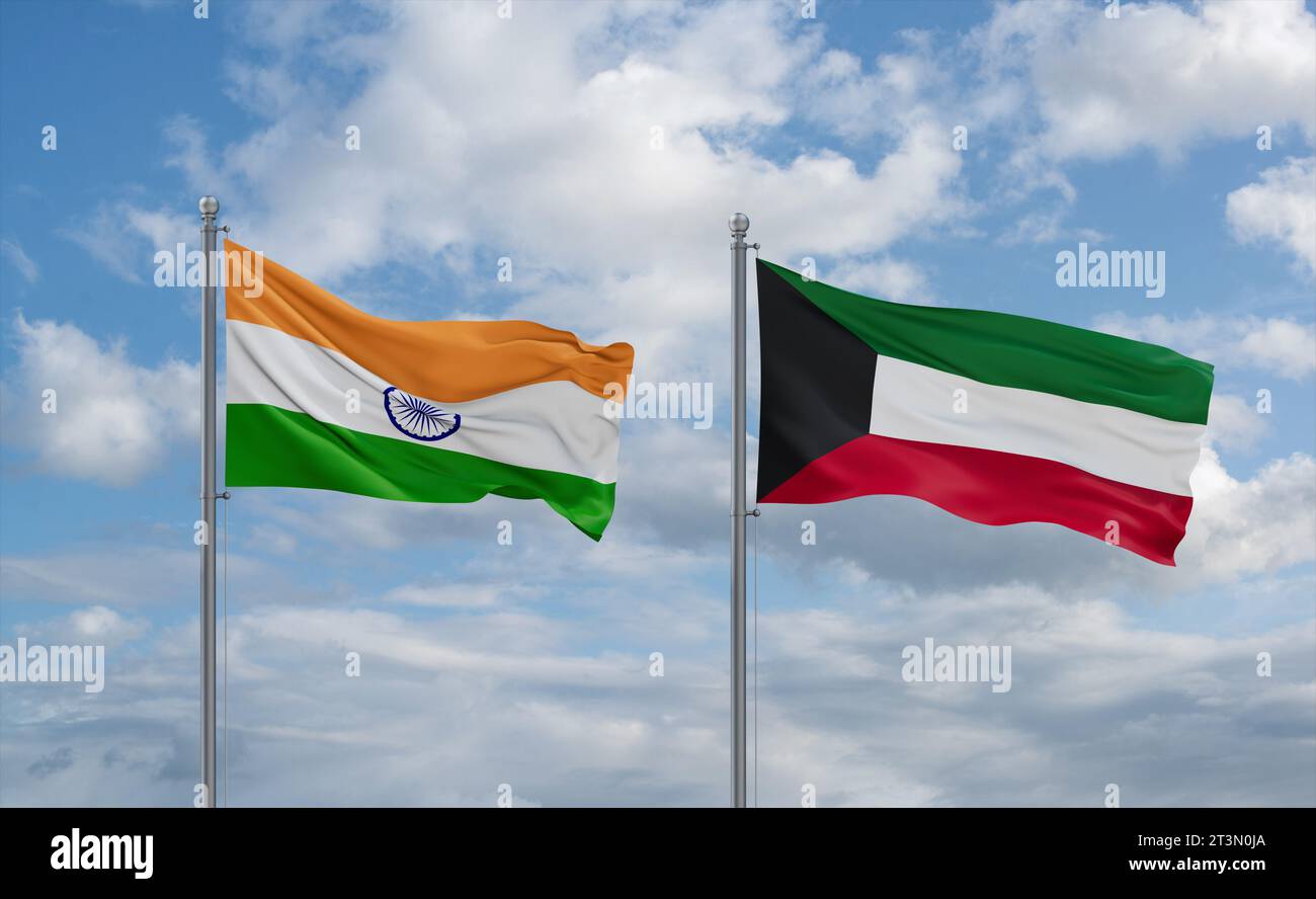 Kuwait and India flags waving together in the wind on blue cloudy sky, two country relationship ...