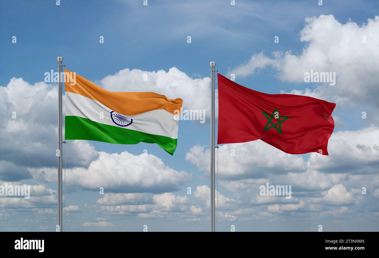 Morocco and India flags waving together on blue cloudy sky, two country ...