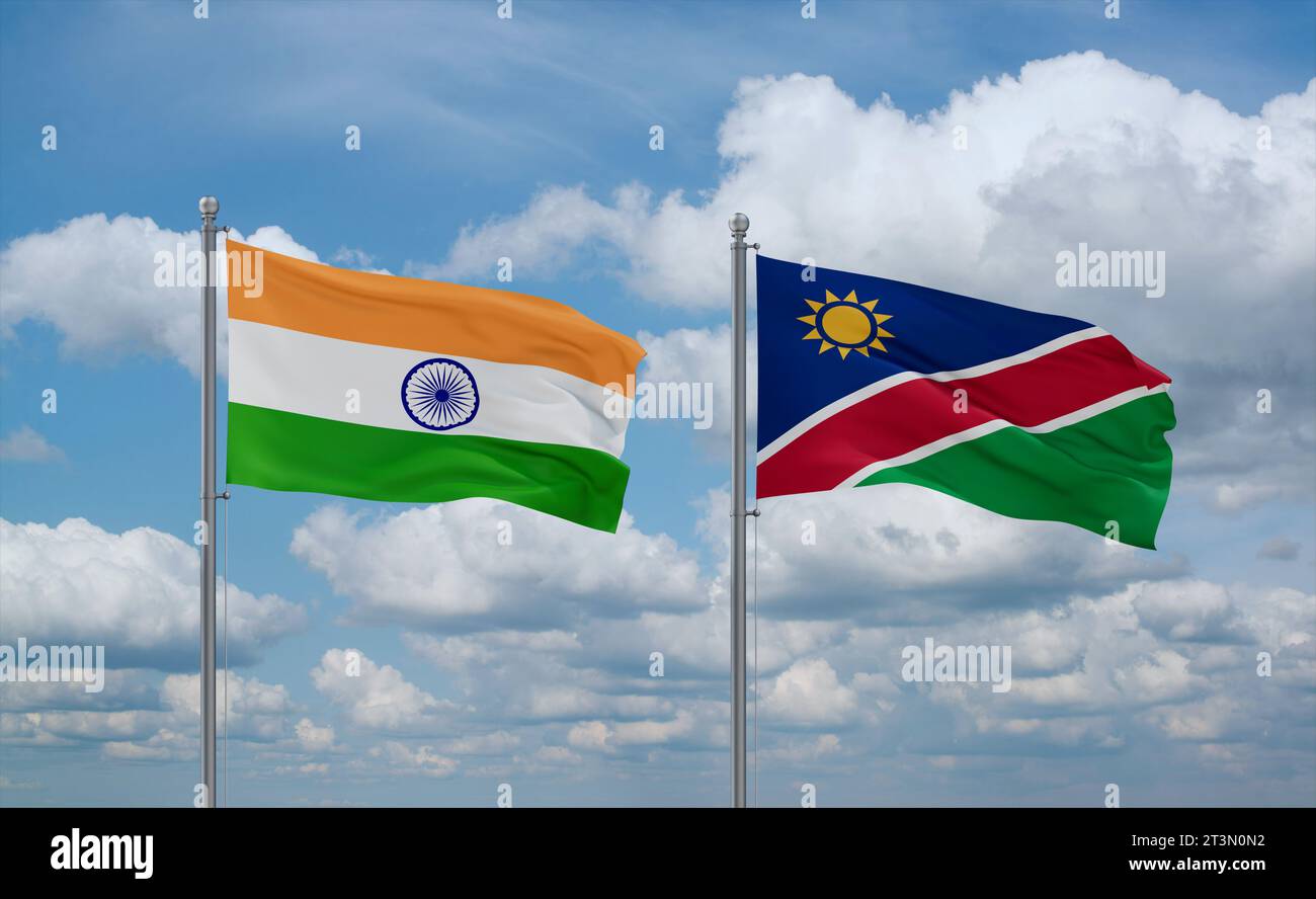 Namibia and India flags waving together in the wind on blue cloudy sky ...