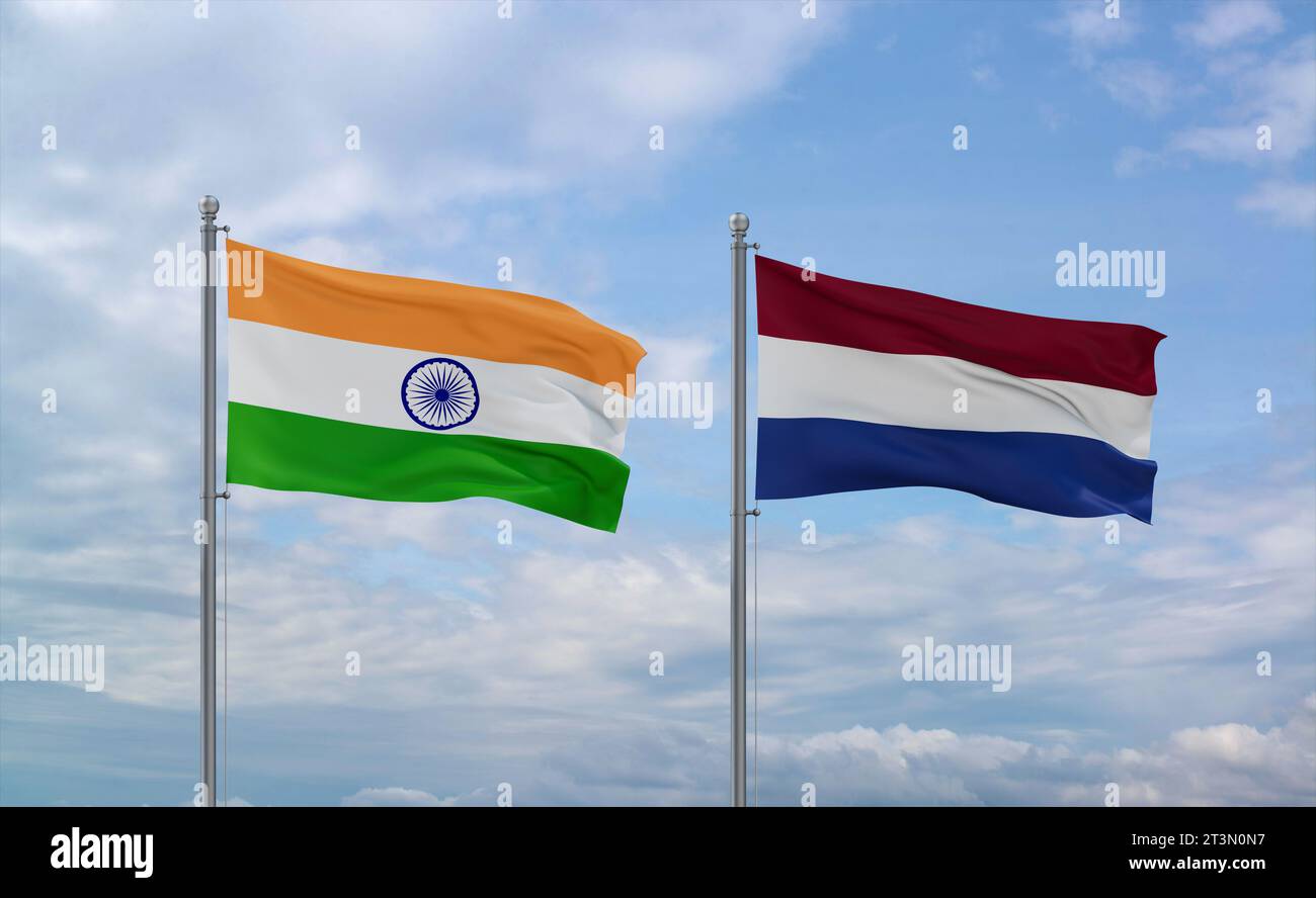 Netherlands and India flags waving together on blue cloudy sky, two ...