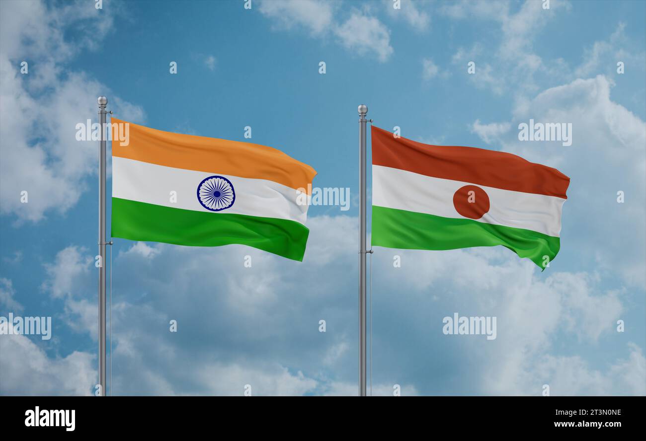 Niger and India flags waving together on blue cloudy sky, two country ...