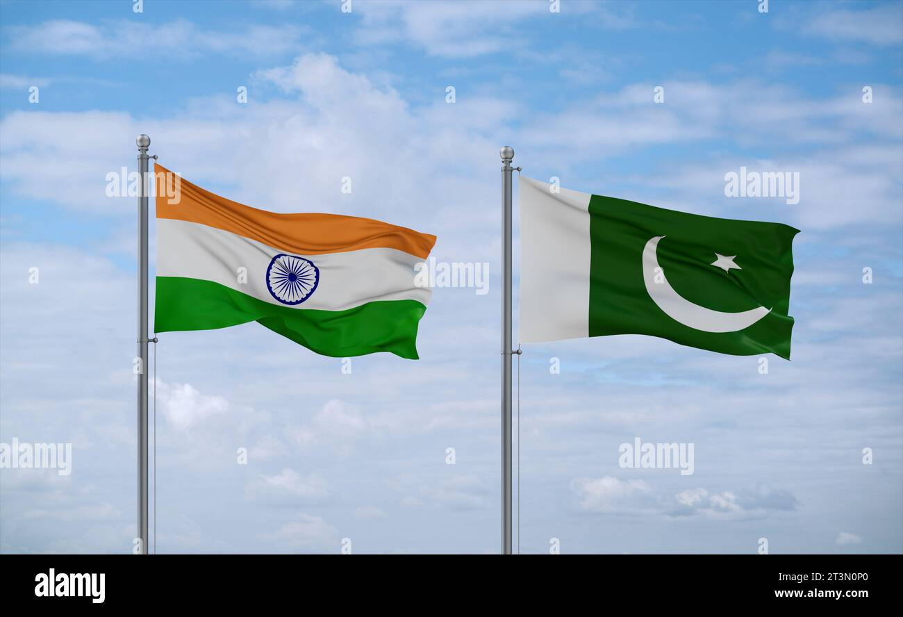 Pakistan and India flags waving together on blue cloudy sky, two ...