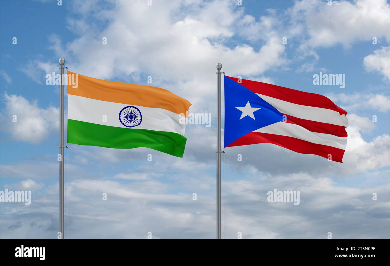 Puerto Rico and India flags waving together in the wind on blue cloudy ...