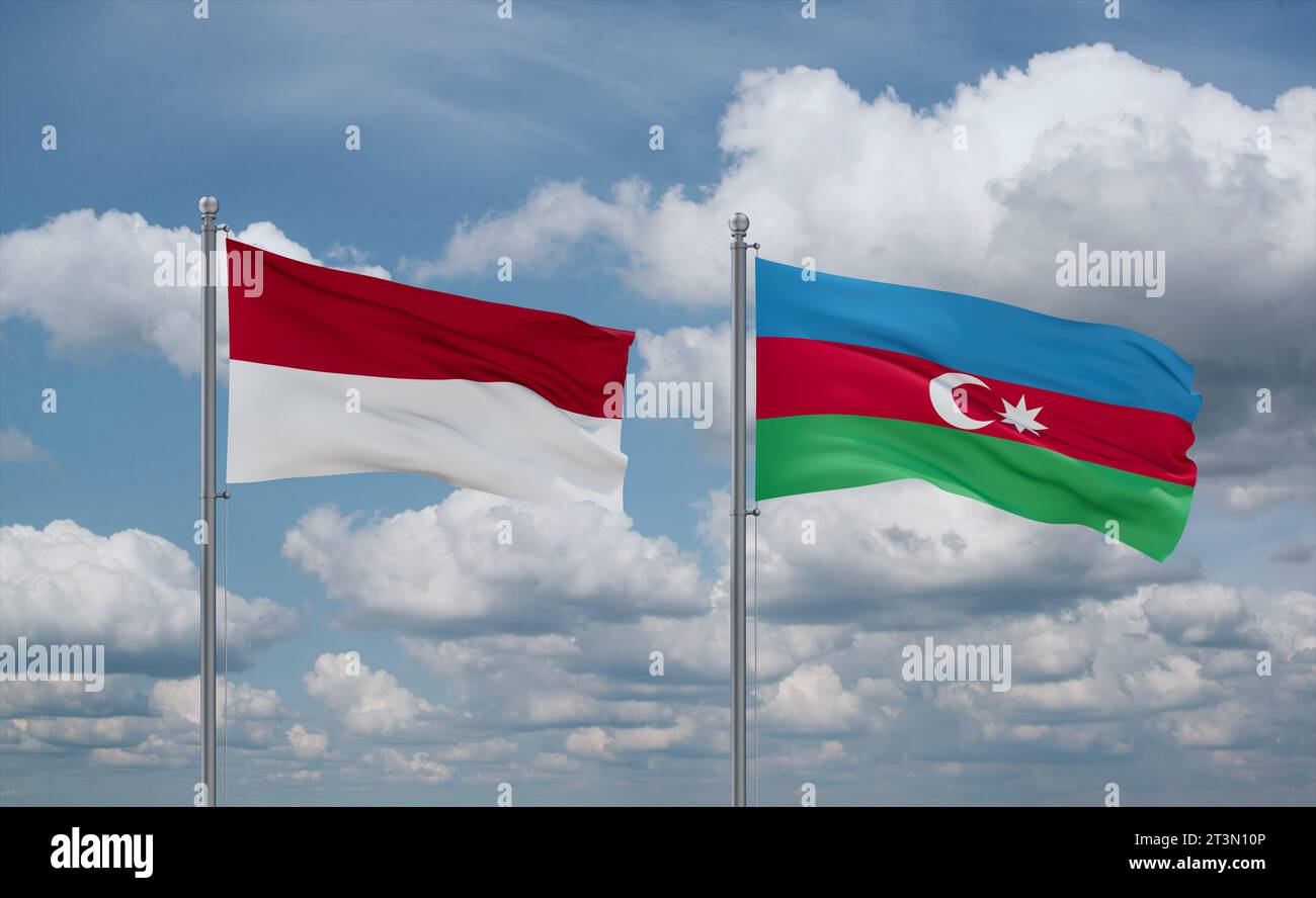 Azerbaijan and Indonesia and Bali flags waving together in the wind on ...