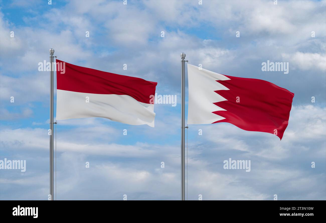 Bahrain and Indonesia and Bali flags waving together on blue cloudy sky ...