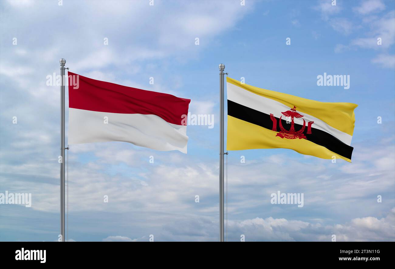 Brunei and Indonesia and Bali flags waving together on blue cloudy sky ...