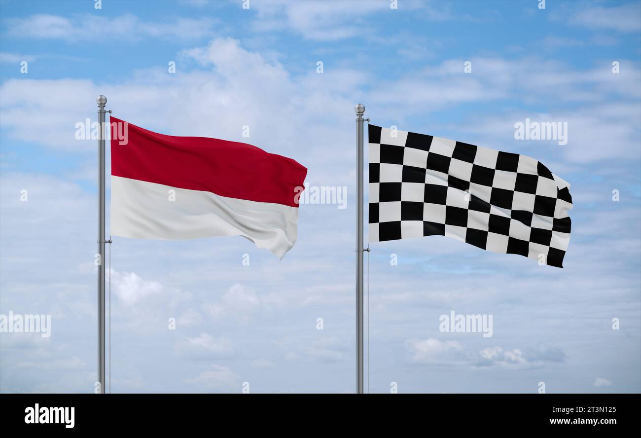 Checkered racing and Indonesia and Bali flags waving together on blue ...