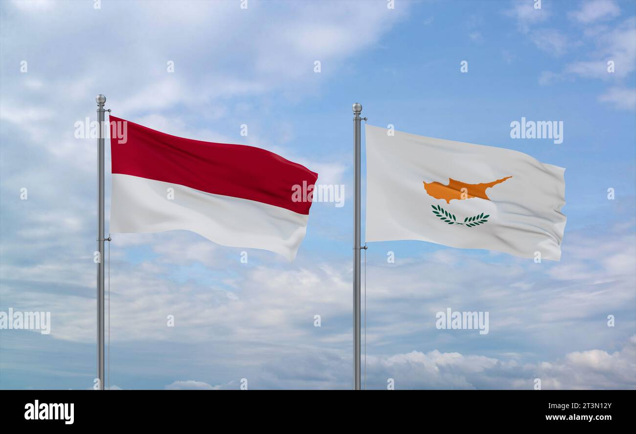 Cyprus and Indonesia and Bali flags waving together on blue cloudy sky ...
