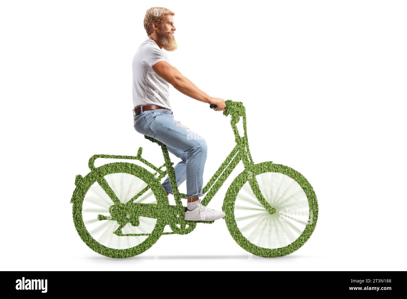 Full length profile shot of a bearded guy riding a green bicycle ...