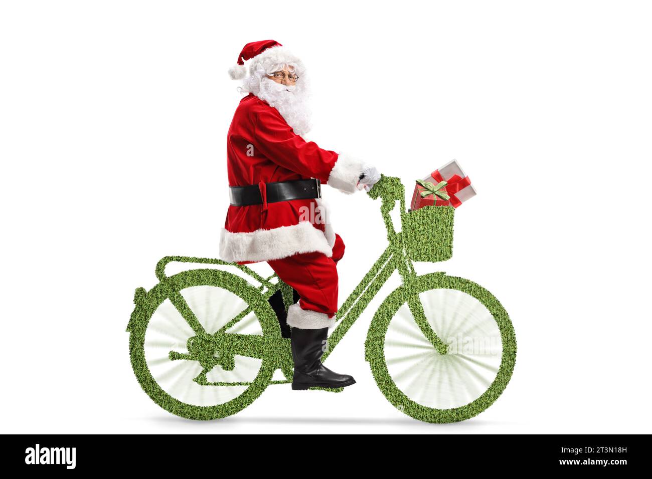 Full length shot of Santa Claus riding a green bicycle isolated on ...