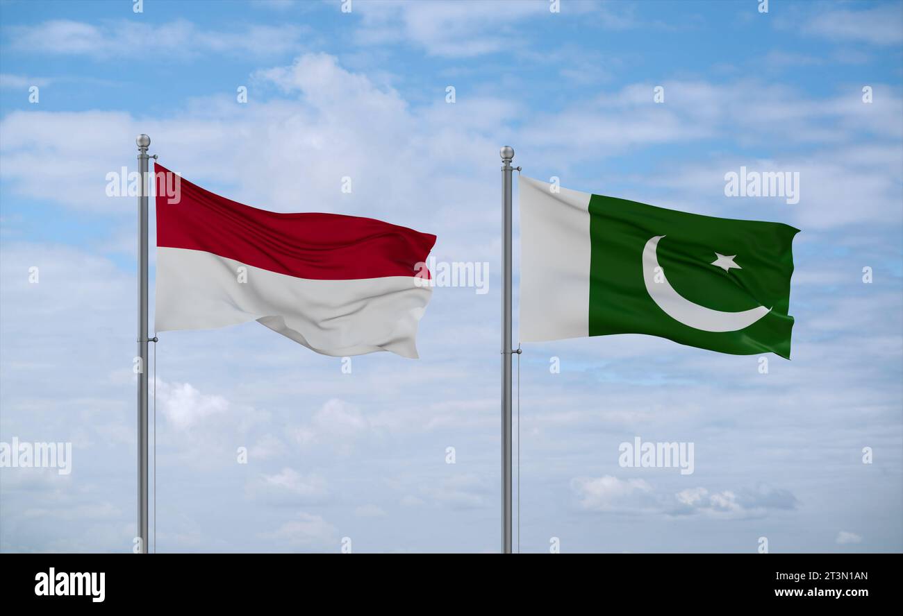 Pakistan and Indonesia and Bali flags waving together on blue cloudy ...