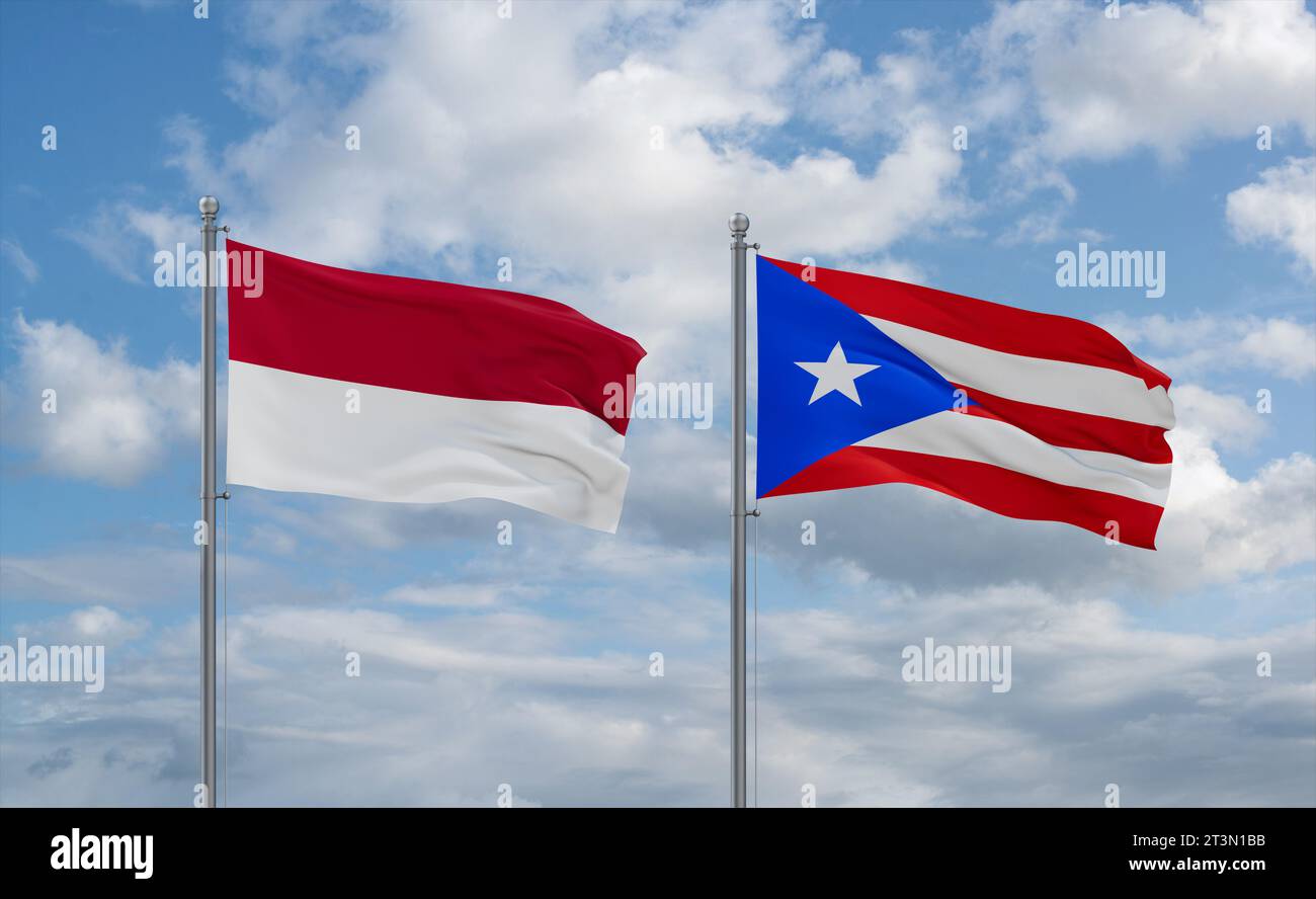 Puerto Rico and Indonesia and Bali flags waving together in the wind on ...