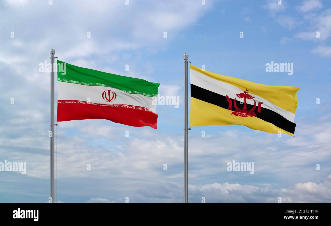 Brunei and Iran flags waving together on blue cloudy sky, two country relationship concept Stock ...