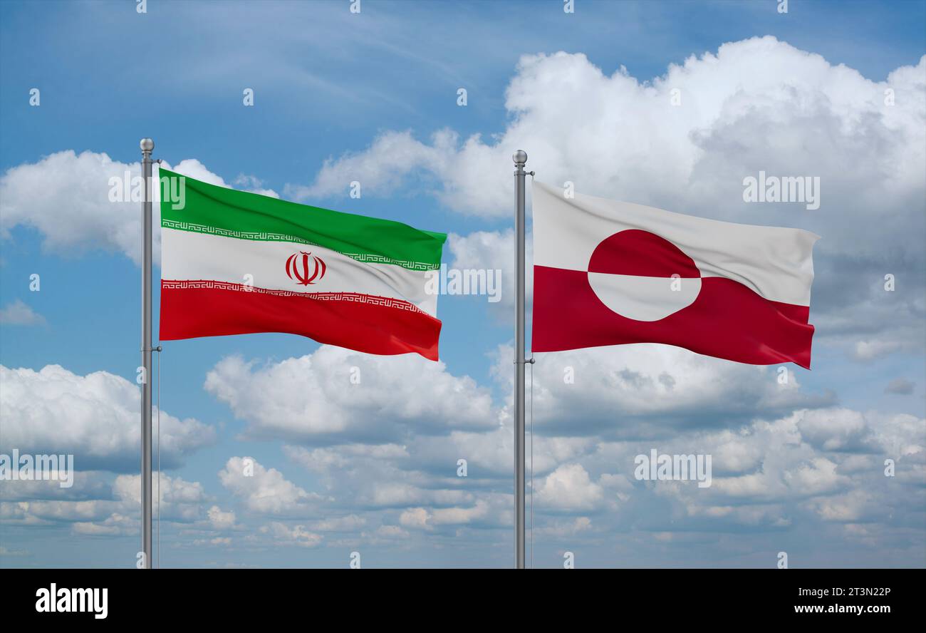 Greenland and Iran flags waving together on blue cloudy sky, two country relationship concept ...