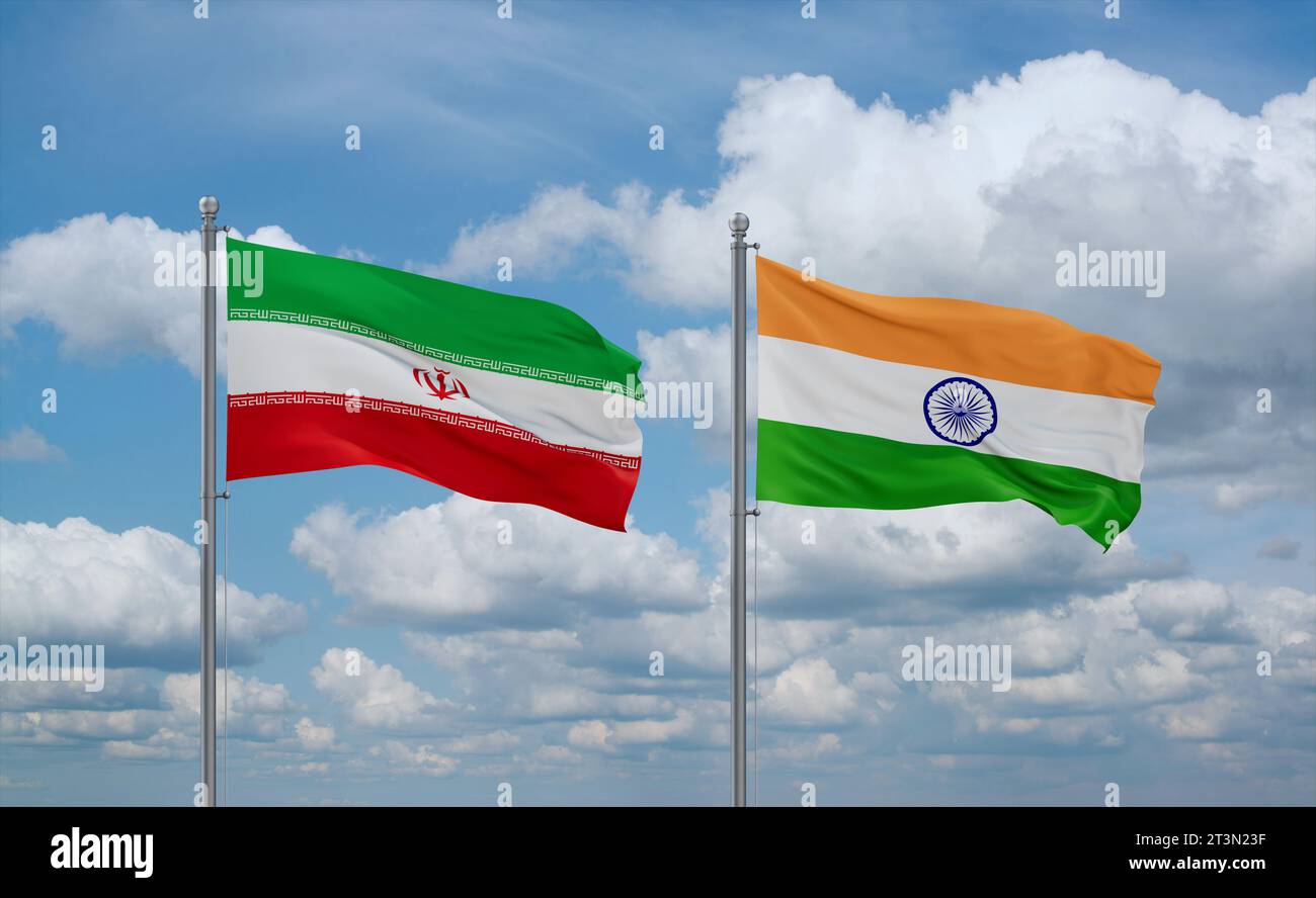 India and Iran flags waving together on blue cloudy sky, two country ...