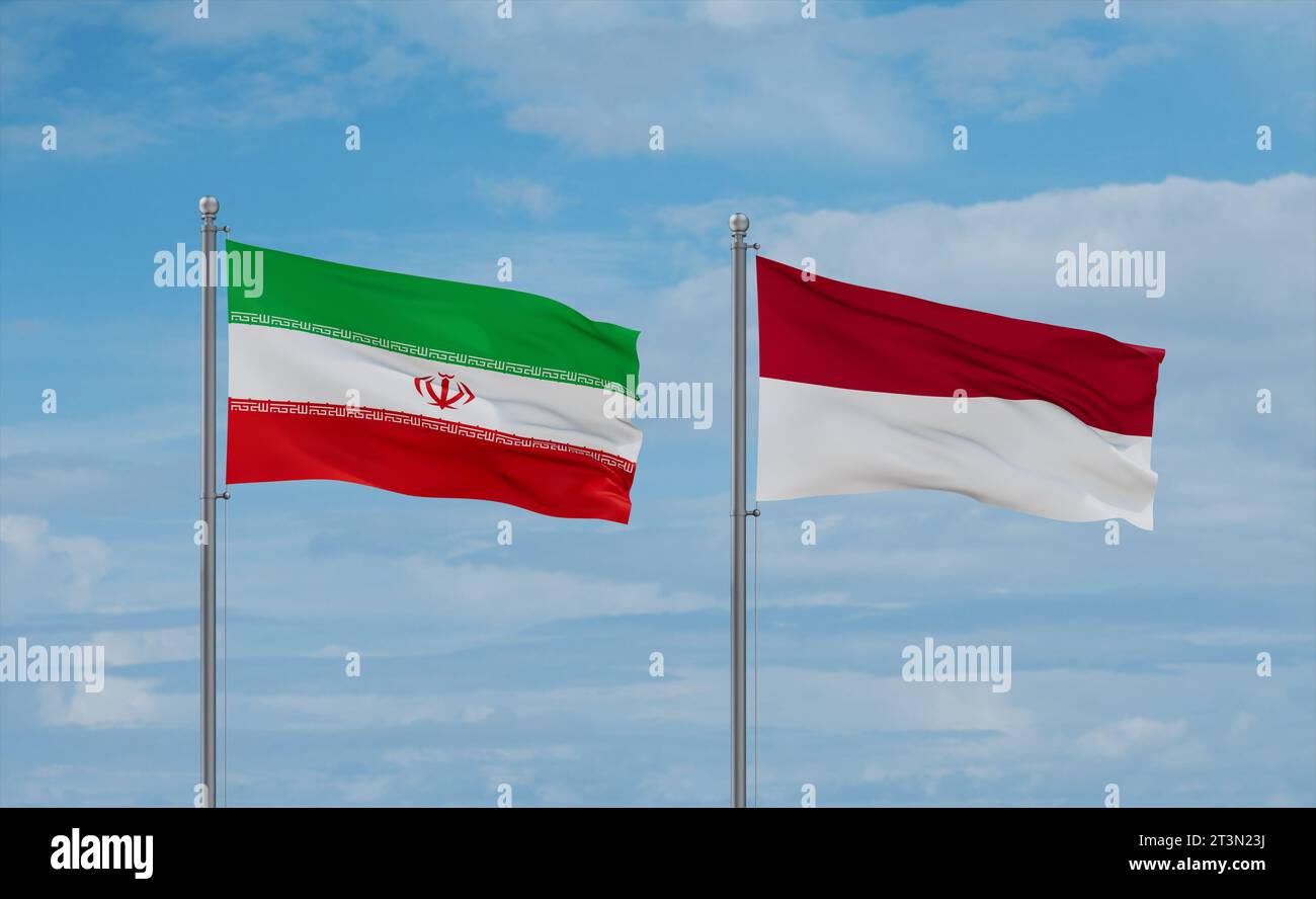 Indonesia and Iran flags waving together on blue cloudy sky, two ...