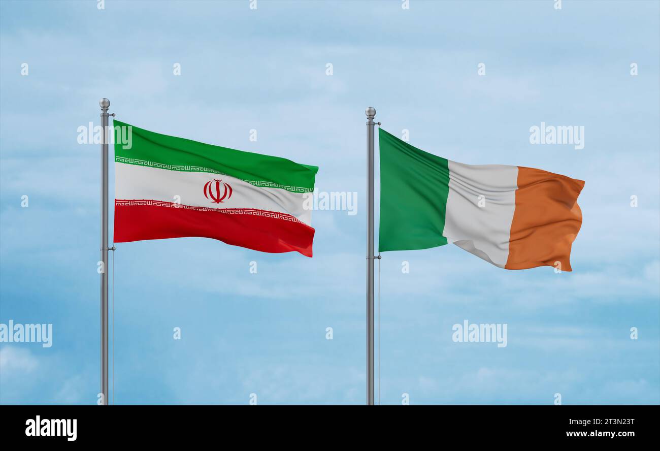 Ireland and Iran flags waving together in the wind on blue cloudy sky ...