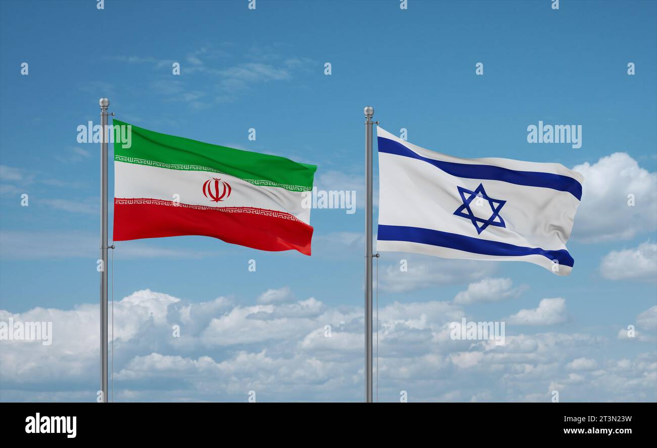 Israel and Iran flags waving together on blue cloudy sky, two country ...