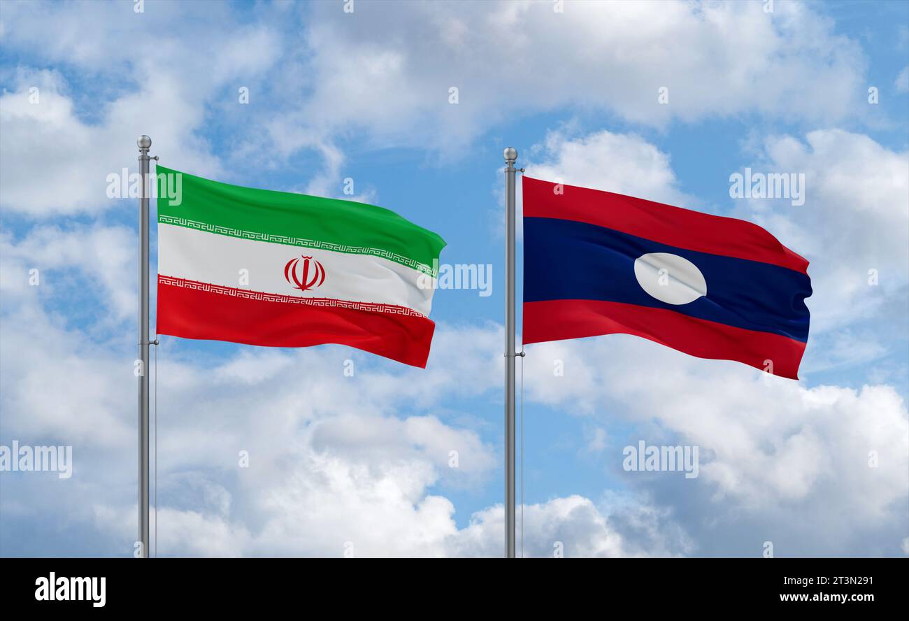 Laos and Iran flags waving together on blue cloudy sky, two country relationship concept Stock ...