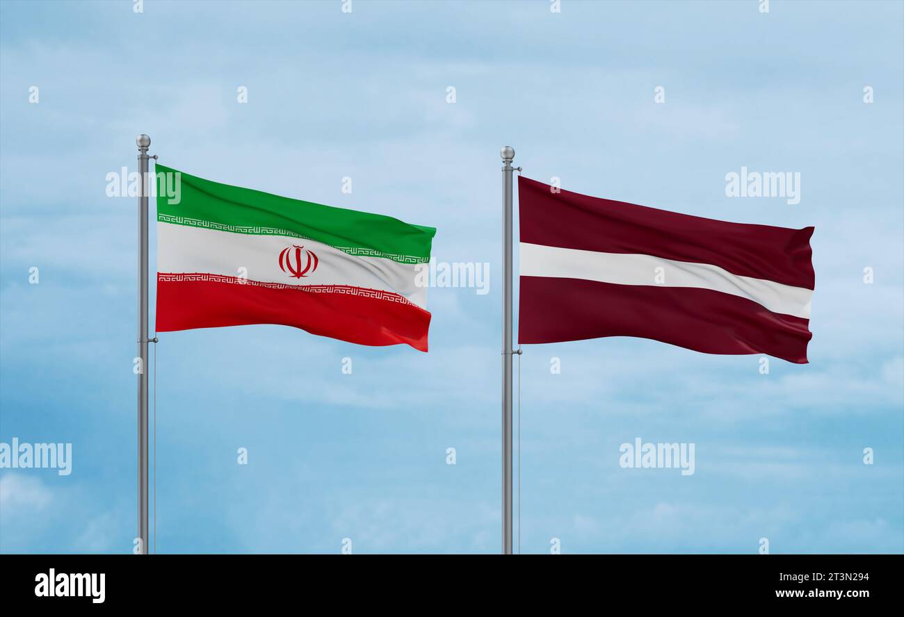 Latvia and Iran flags waving together in the wind on blue cloudy sky, two country relationship ...