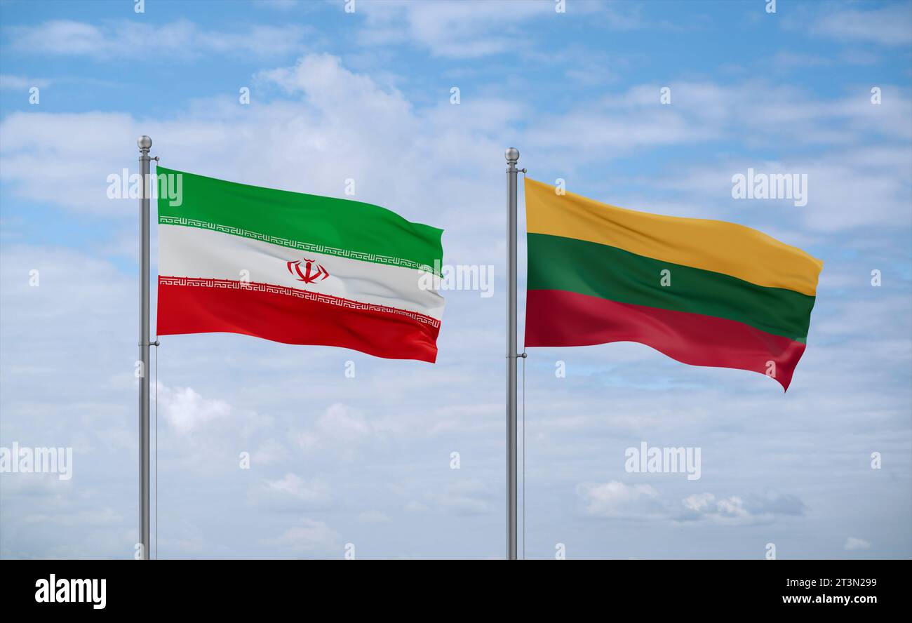 Lithuania and Iran flags waving together on blue cloudy sky, two ...