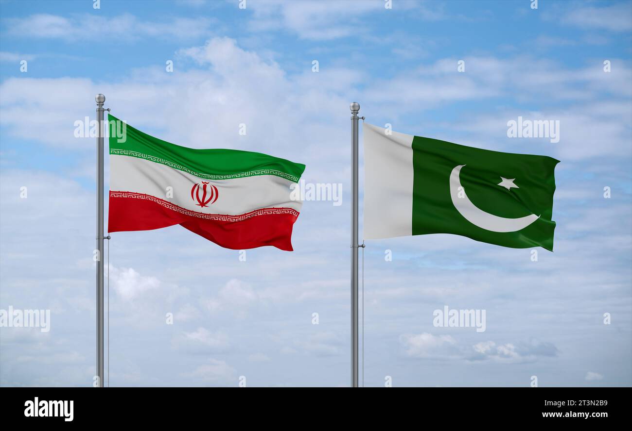 Pakistan and Iran flags waving together on blue cloudy sky, two country ...