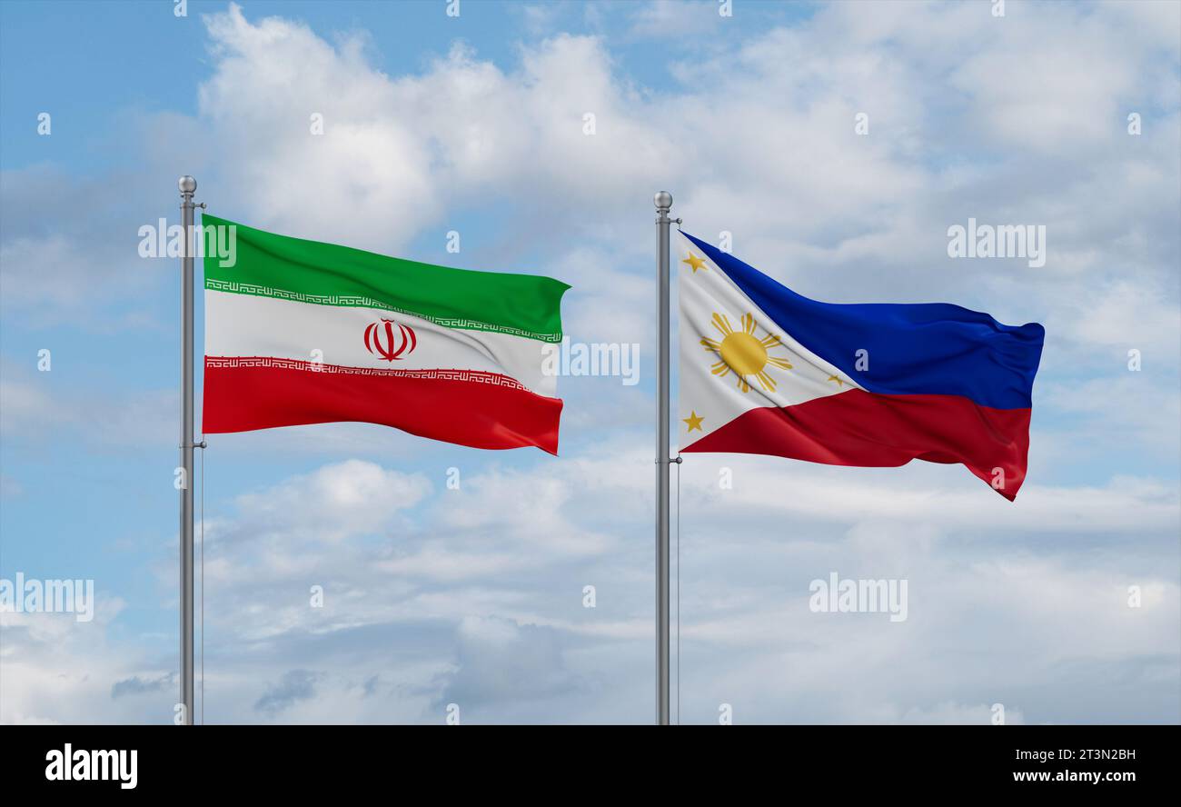 Philippines and Iran flags waving together in the wind on blue cloudy sky, two country ...