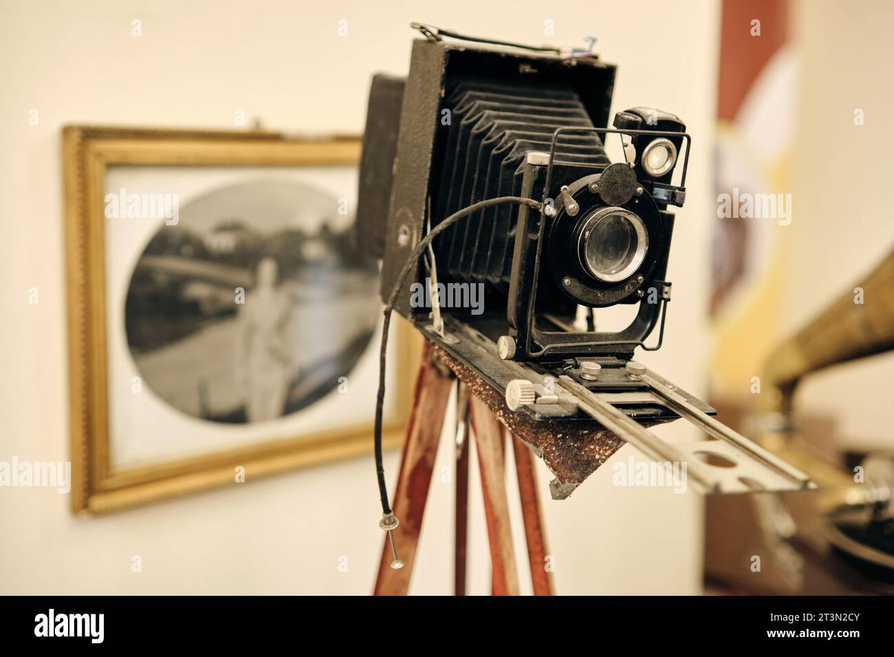 Vintage antique retro old camera on wooden tripod hi-res stock ...