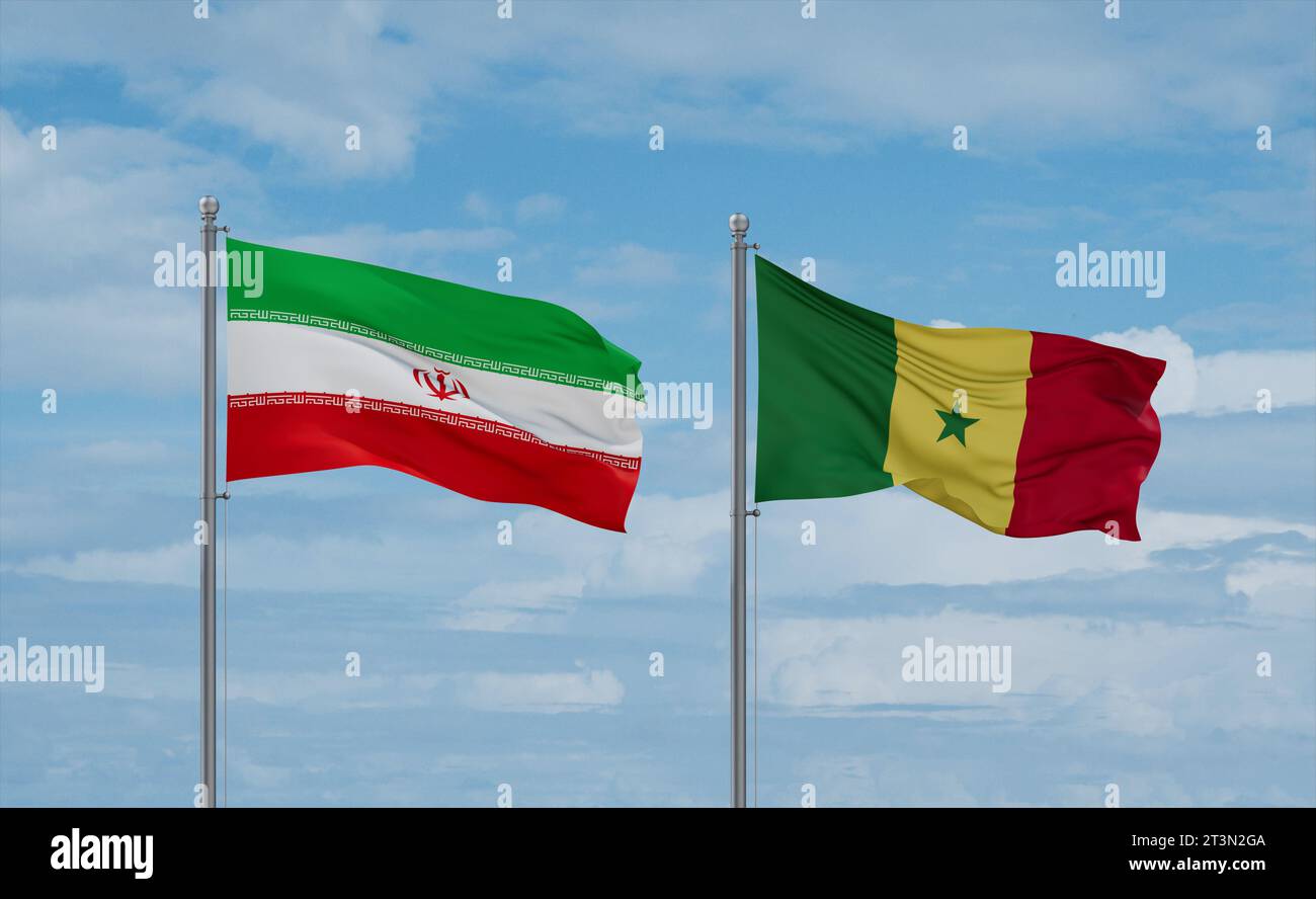 Republic of Senegal and Iran flags waving together in the wind on blue ...