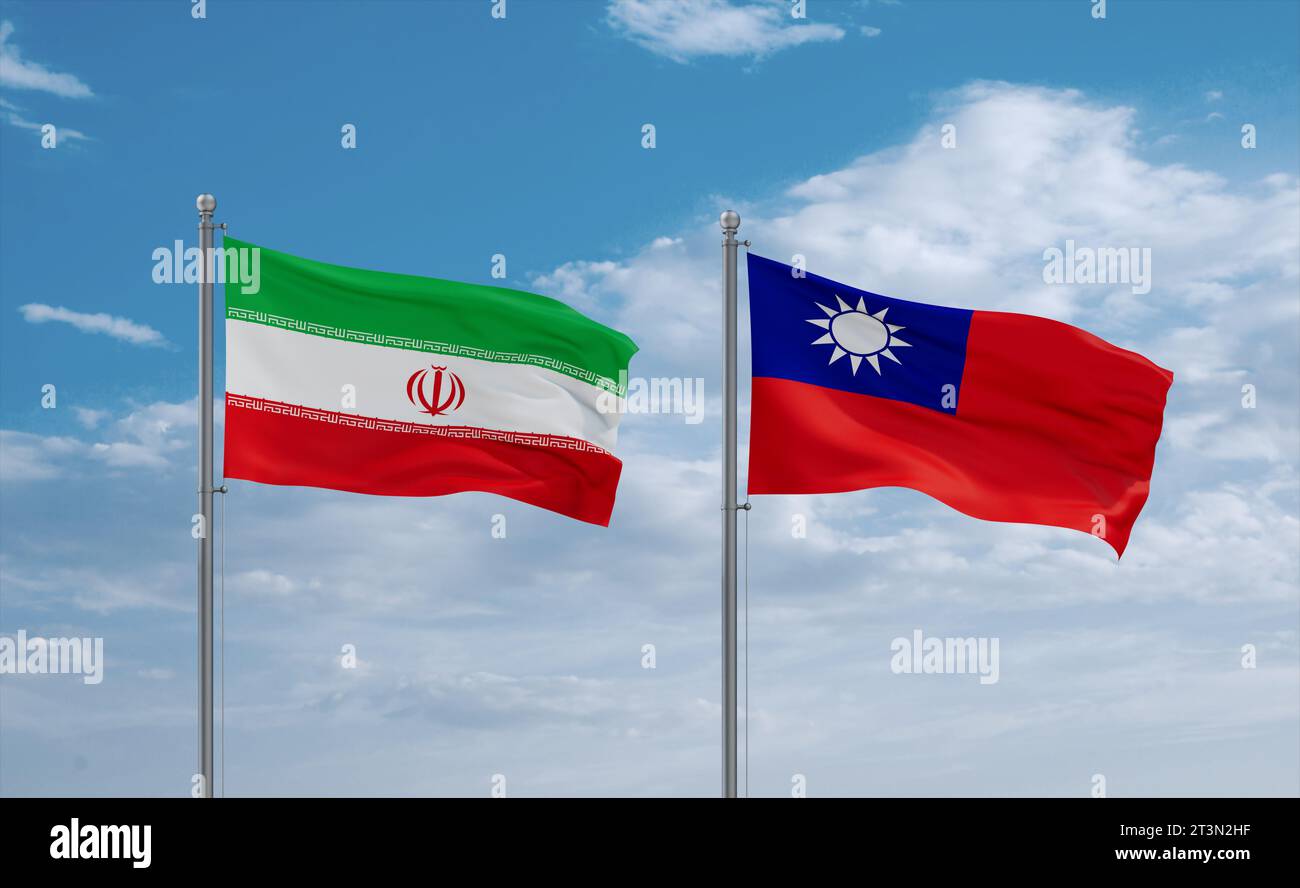 Taiwan and Iran flags waving together in the wind on blue cloudy sky, two country relationship ...