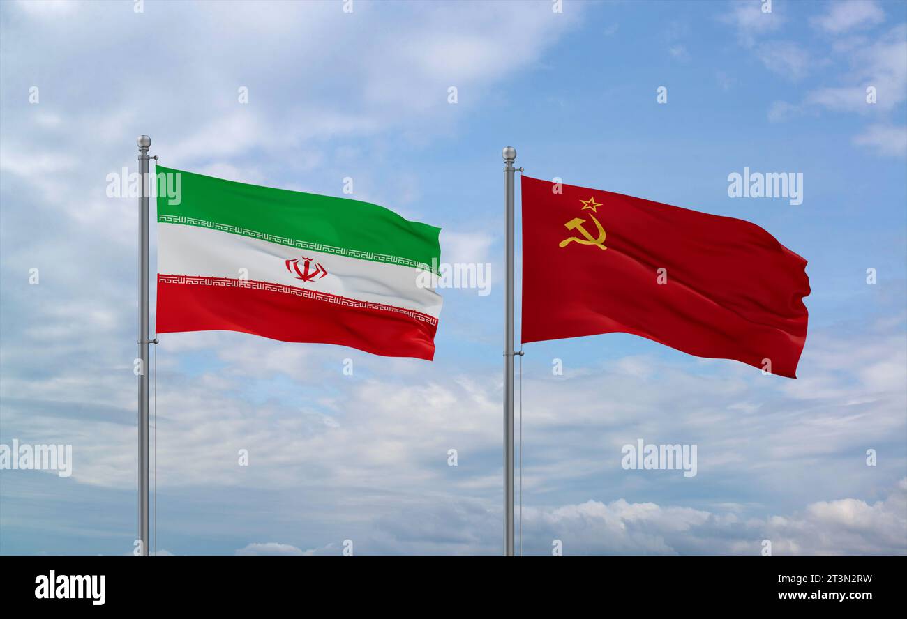 Soviet Union or USSR and Iran flags waving together in the wind on blue ...